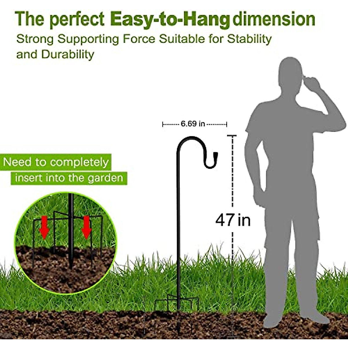 47 Inch Outdoor Shepherd Hook with 5 Prong Base(2 Packs),Adjustable Hanger for Outdoor,Garden Flower Planter,Bird Feeder,Plant Baskets (Black)
