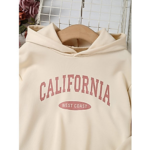 SOLY HUX Girl's Letter Print Drop Shoulder Hoodie Sweatshirt and Jogger Sweatpants 2 Piece Outfit Beige and Pink 10Y