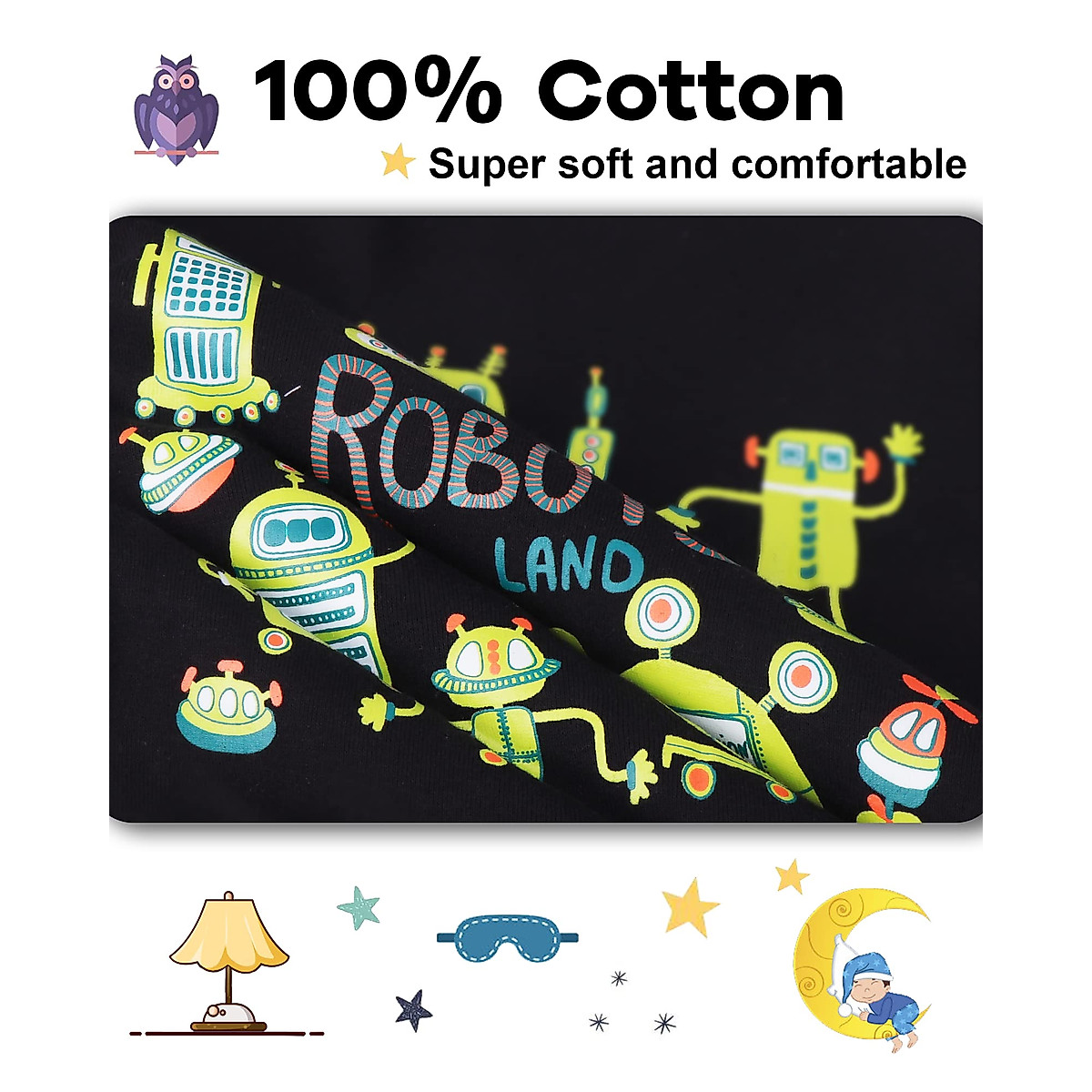 DAUGHTER QUEEN Boys Pajamas Toddler Robot PJs Kids Sleepwear 100% Organic Cotton Pj Sets Child 4 Piece Long Sleeve Jammies Winter Clothes Size 2T Age 2 Years Old