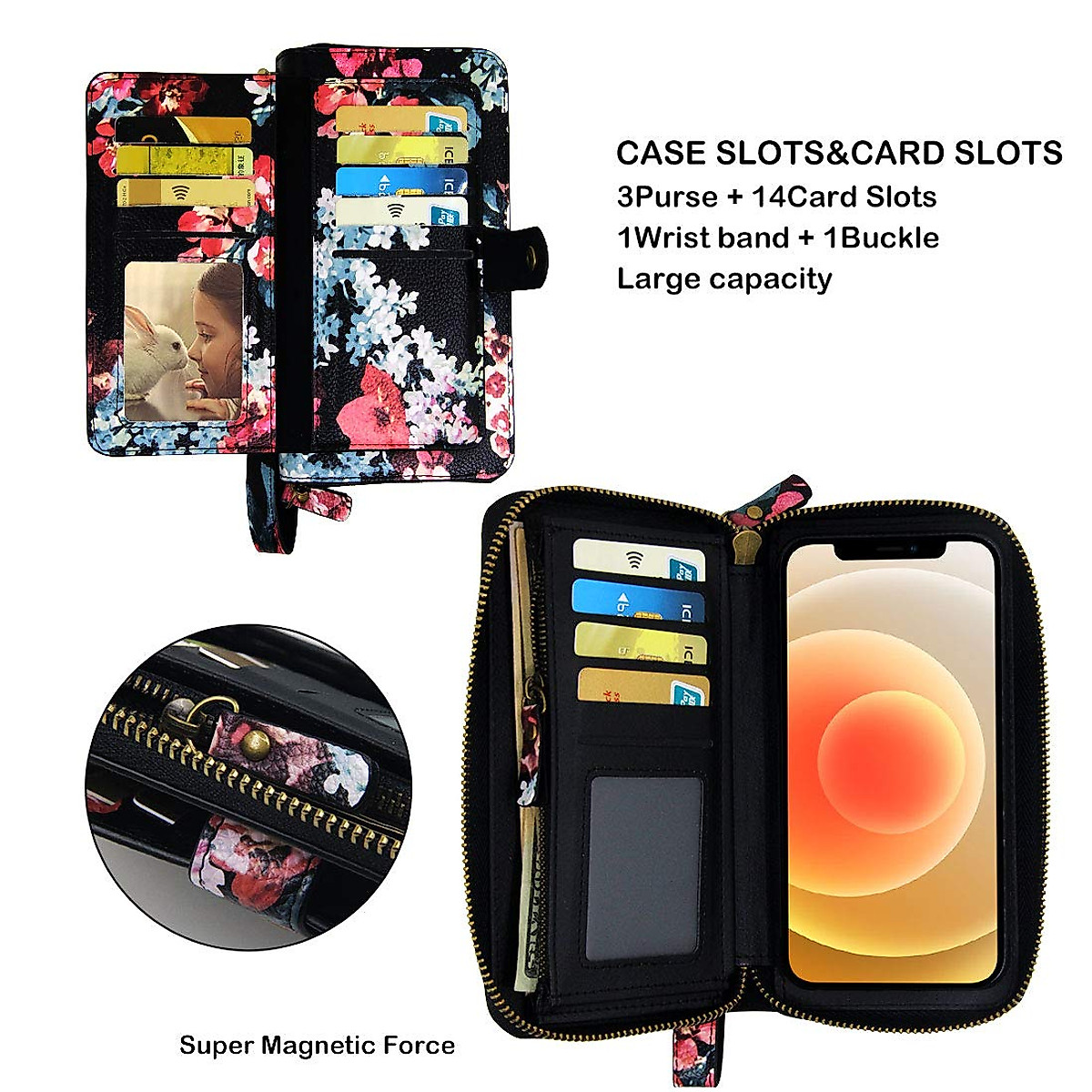 XGrand iPhone 13 Pro Max [3 in 1] Detachable Magnetic Zipper Purse Slots Money Pocket Clutch Crossbody Chain Wrist Strap Leather Wallet Cases - Black Floral