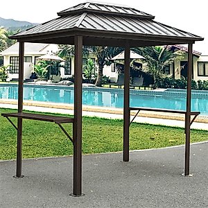 COCO DESIGN Grill Gazebo 8' × 6', Aluminum BBQ Gazebo Outdoor Metal Frame with Shelves Serving Tables, Permanent Double Roof Hard top Gazebos for Patio Lawn Deck Backyard and Garden (Brown)