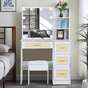 JBLCC Makeup Vanity Table with Lighted Mirror,Large Vanity Desk Set with Shelves, Dresser Desk and Cushioned Stool Set White (3076)