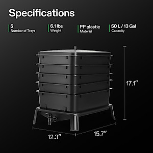VIVOSUN 5-Layer Worm Compost Bin, 50L Worm Composter, Easy Setup Inclusive Worm Farm Kit for Recycling Food Waste