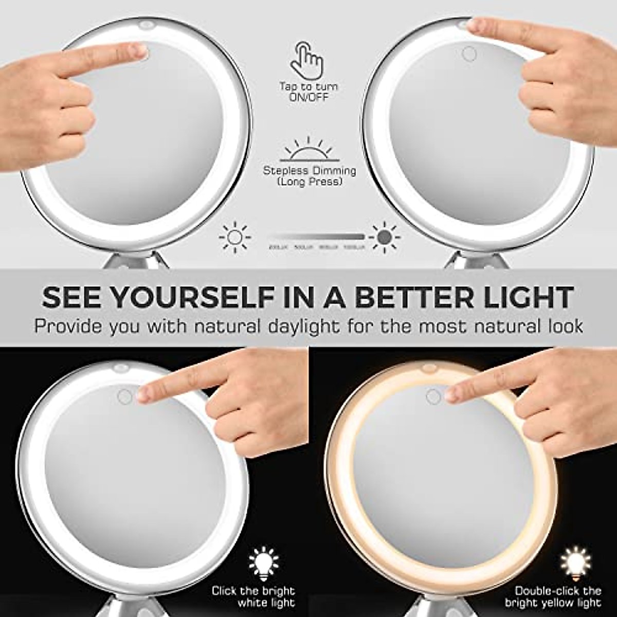 Updated 10x Magnifying Lighted Makeup Mirror with Touch Control LED Lights, 360 Degree Rotating Arm, and Powerful Locking Suction Cup, Portable Magnifying Mirror for Home, Bathroom Vanity, and Travel