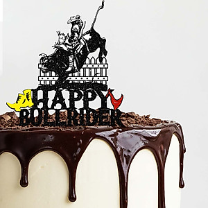 Happy Cake Topper Cow Black Glitter Country Western Bull Riding Competition Theme Decorations Cowboy Boy Man Birthday Party Decor Supplies