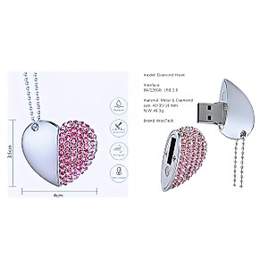 WooTeck 64GB Crystal Loving Heart Jewelry USB Flash Drive Pendrive with Necklace,Pink