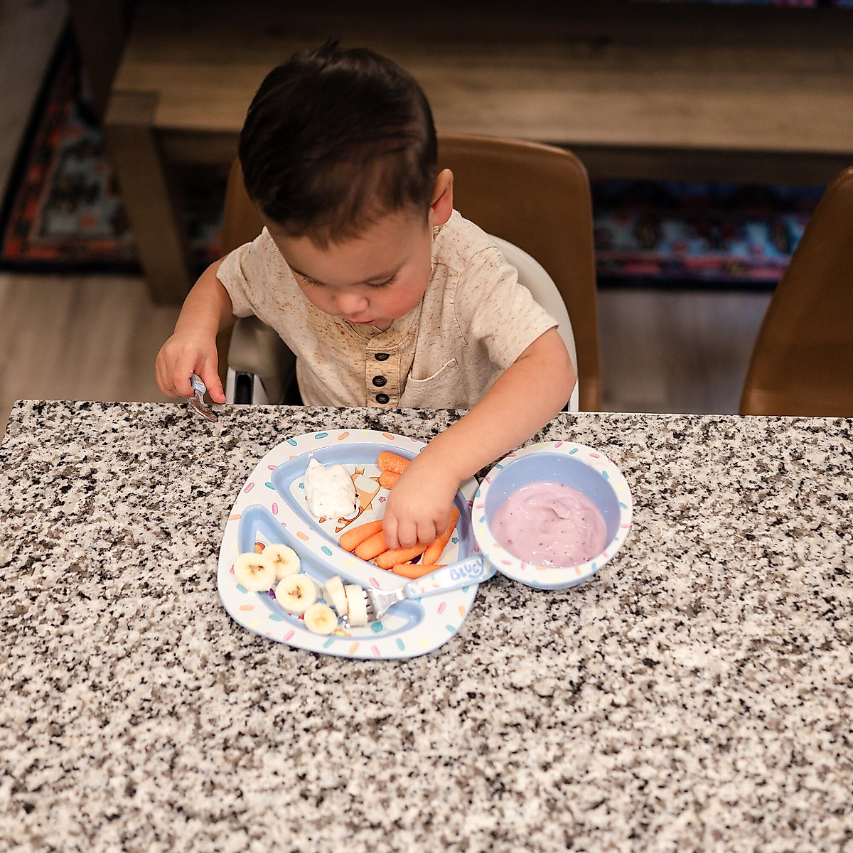 The First Years Bluey 4-Piece Place Setting - BPA Free Dishwasher Safe Toddler Dinnerware Set with Divided Plate, Bowl, Fork, Spoon - Multicolor