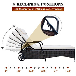 Tangkula Patio Chaise with Wheels, 6 Positions Adjustable Outdoor Lounger Chair with Steel Frame, Mix Brown Weaving Rattan, Cushion and Head Pillow, Suitable for Poolside, Balcony and Garden