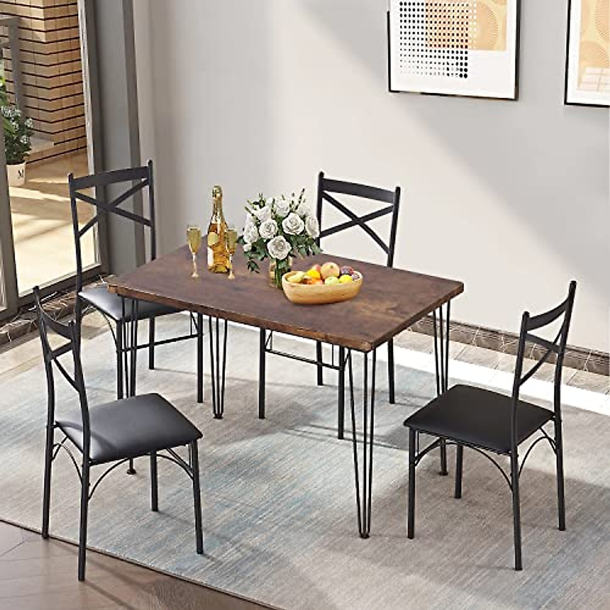 VECELO 5-Piece Indoor Modern Rectangular Dining Table Set for Kitchen, Dinette, Breakfast Nook, 4, Dark Brown