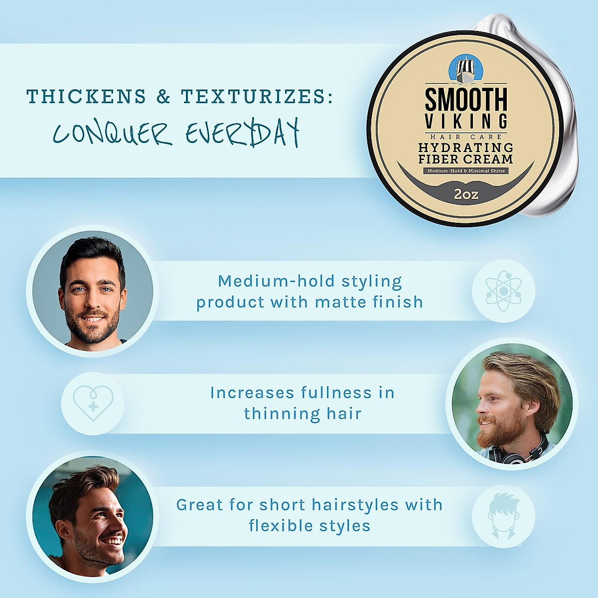 Smooth Viking Hydrating Fiber Cream for Men - Hair Cream for Men, Hair Gel for Men, Mens Hair Products, Mens Hair Paste, Styling Cream Men, Natural Hair Gel for Men - Made in USA, 2oz