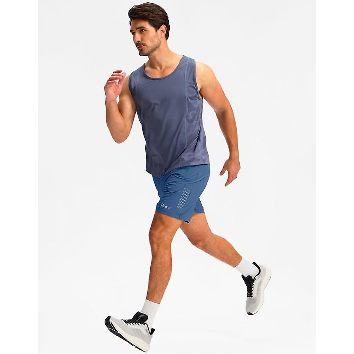 Pudolla Men's Workout Running Shorts with 3 Zipper Pockets Lightweight 7" Gym Shorts for Men Athletic Walking Hiking(Dusty Blue Medium)