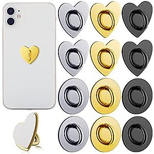12 Pcs Phone Charm Hook Phone Charms Adhesive Metal Phone Finger Grip Cell Phone Finger Ring Loop Stand for DIY Hanging Round and Heart Phone Holder Cute Phone Keychain Accessories Gold Silver Black