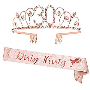 "Dirty Thirty" Sash and Rhinestone Crown Set - 30th Birthday Party Gifts Birthday Sash for Women Birthday Party Supplies