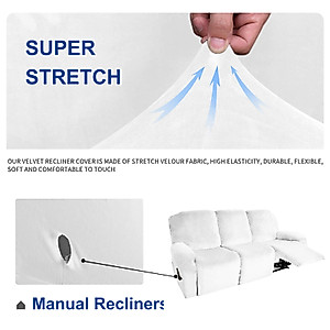 MAXIJIN 8 Pieces Recliner Sofa Covers, Stretch Velvet Reclining Couch Covers for 3 Cushion Furniture Covers, Thick, Soft, Washable Reclining Sofa Slipcovers (Sofa Recliner, White)