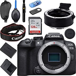 Camera Bundle for Canon EOS R10 Mirrorless Camera Body Only + EF-EOS R Mount Adapter, 128Gb Memory Card + Accessories Kit (Renewed)