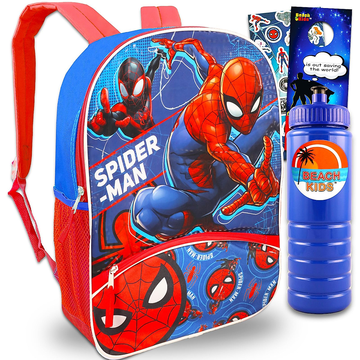 Marvel Spiderman Backpack for Kids, Toddlers - Bundle with Spiderman 16 Inch Backpack Plus Spiderverse Stickers and More (Boys School Supplies Set)