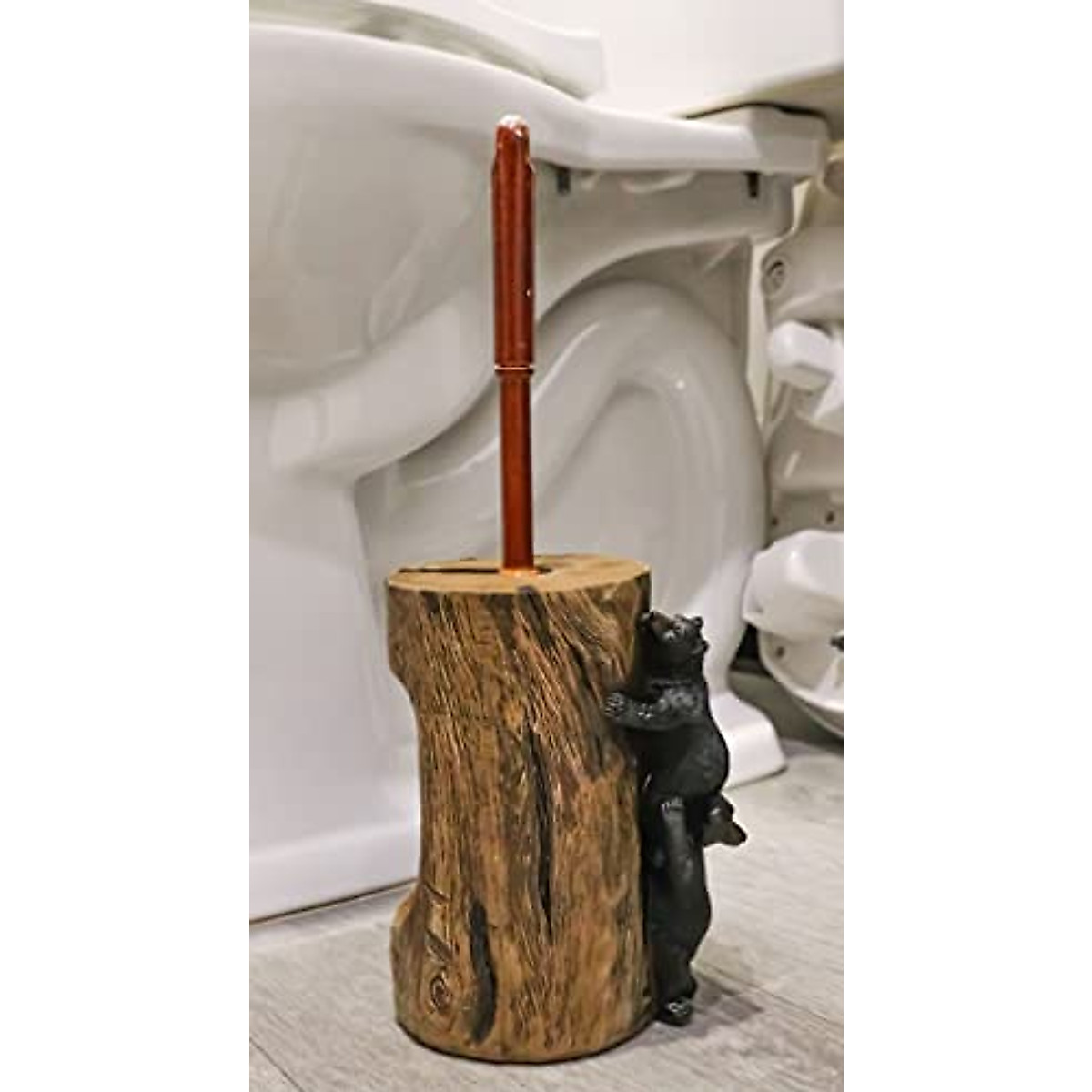 Ebros Gift 13.5" Tall Whimsical Forest Mountain Black Bears Teamwork and Trust Routine Toilet Brush Scrub and Base Holder Bathroom Gift 2 Piece Set Statue Rustic Cabin Lodge Bears Decor Accent