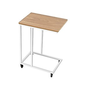 Coral Flower End Table, Side Table, TV Tray, C Shaped Snack Table with Metal Frame, Rolling Casters, Industrial, for Living Room, Bedroom,Light Walnut