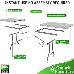 Ontario Furniture 6 Foot Plastic Folding Table - Folds in Half with Carrying Handle Rectangular - Lightweight and Portable - White Resin with Sturdy Steel Frame
