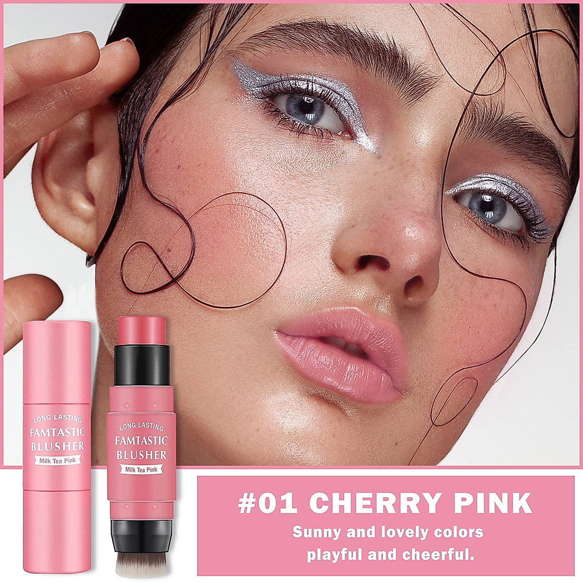 Cream Blush Stick with Brush,Waterproof Blush Makeup,Long Lasting 3 In 1 Cheek Blush & Lip Tint & Eye Shadow Makeup Stick,Easy To Use Blends Effortlessly,Cream Blush Makeup for All Skin Tones - Cherry Pink