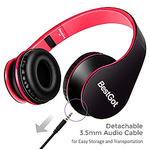 BESTGOT Kids Headphones for Kids Boys Over Ear Kids Headphones with Microphone in-line Volume Foldable Headphones with 3.5mm Plug Removable Cord (Black/Red)