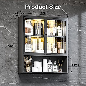 OSEILLC Bathroom Wall Cabinet, Metal Bathroom Wall Cabinet with Glass Doors and Lights, Black Bathroom Storage Cabinet, Over The Toilet Cabinet, Bathroom Medicine Cabinets