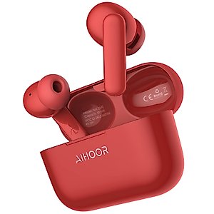 AIHOOR Wireless Earbuds for Music and Sports, Bluetooth 5.3 in-Ear Headphones with Extra Bass Built-in Mic Touch Control 30hr Battery Earphones, Waterproof (Red)