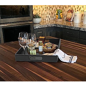 HofferRuffer Rectangle Serving Tray with Hole Handles for Coffee Table, Breakfast, Tea, Food, Butler - Countertop, Kitchen, Vanity Serve Tray, 16.2 x 12.2 x 2 inches, Faux Leather Tray (Black)