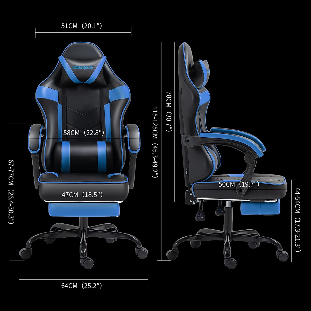 Darkecho Massage Gaming Chair with footrest,Computer Chair with Flat Seat Cushion,Height Adjustable Gamer Chair with Padded Armrests,Headrest and Lumbar Support for Office or Gaming Blue