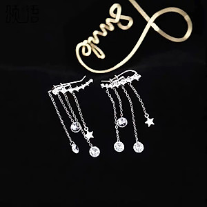 Reffeer Solid 925 Sterling Silver Crawler Earrings Tassel Chain Dangle for Women 7 Crystal Cuff Earrings Chain Wraps Climber
