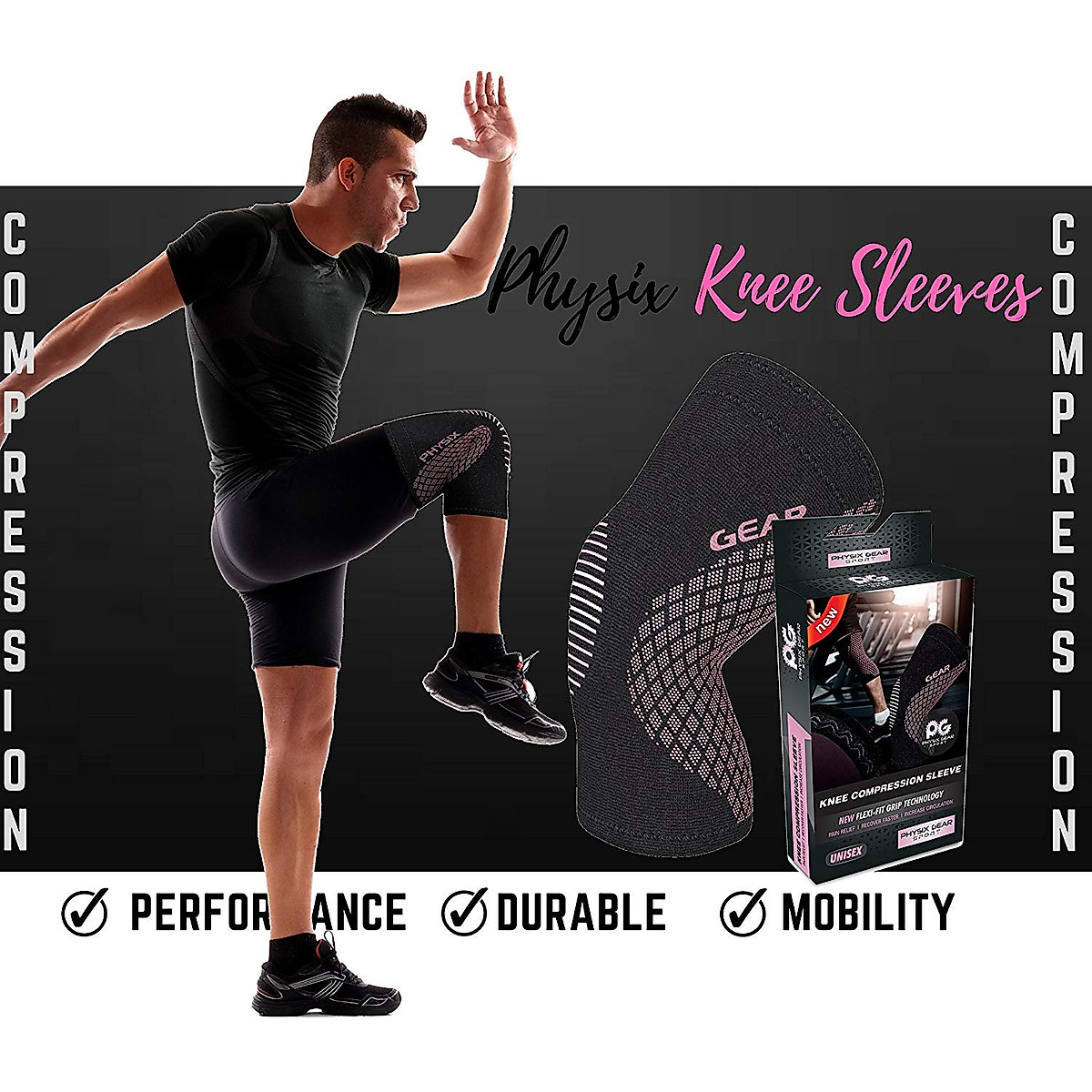 PHYSIX GEAR Knee Support Brace - Premium Recovery & Compression Sleeve for Meniscus Tear, ACL, MCL Running & Arthritis - Best Neoprene Stabilizer Wrap for Crossfit, Squats & Workouts (Single Pink L)