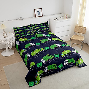 Feelyou Garbage Trucks Comforter Set Queen Size Kids Cartoon Car Comforter for Boys Teens Rubbish Car Bedding Set Vehicles Blue Green Duvet Set Room Decor Quilt Boys
