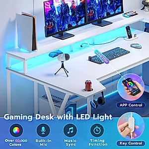 SEDETA White Gaming Desk 70.8'' with LED Lights and Storage Shelves, Computer Desk with Monitor Stand, Power Outlets and Cup Holder, Large PC Gamer Desk, Gaming Table for Bedroom, Living Room