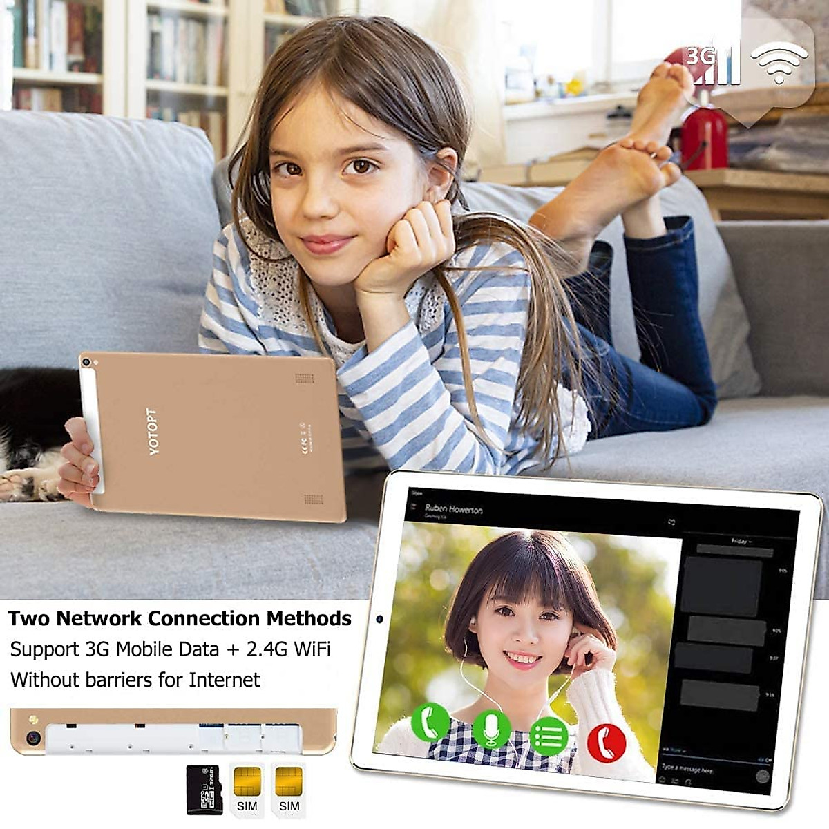 YOTOPT 10 Inch Android Phone Tablets, Dual Sim Card Slot, 32GB ROM, 256GB Expand, Quad Core, WiFi, Bluetooth, GPS, FM, Dual Camera, IPS HD Touch Screen, Support 3G Phone Call Tableta (Gold)