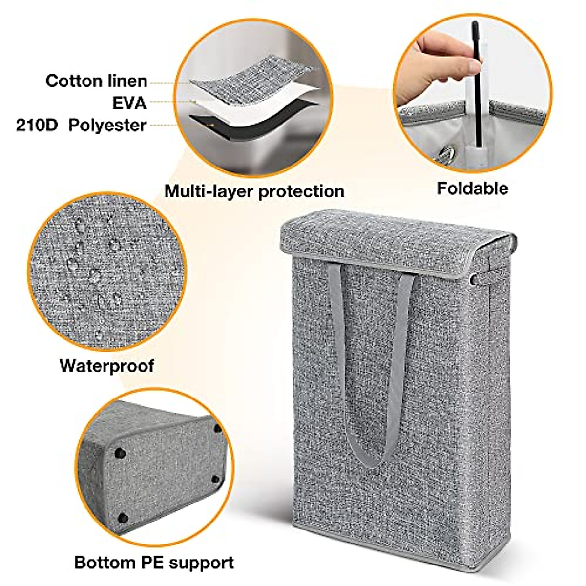 TEAYINGDE slim Laundry Basket with Lid, Tall Thin Laundry Hamper with Handles, Waterproof Lining Narrow Dirty Clothes Hamper for Bathroom Bedroom Dorm Organization Storage, 45L Grey