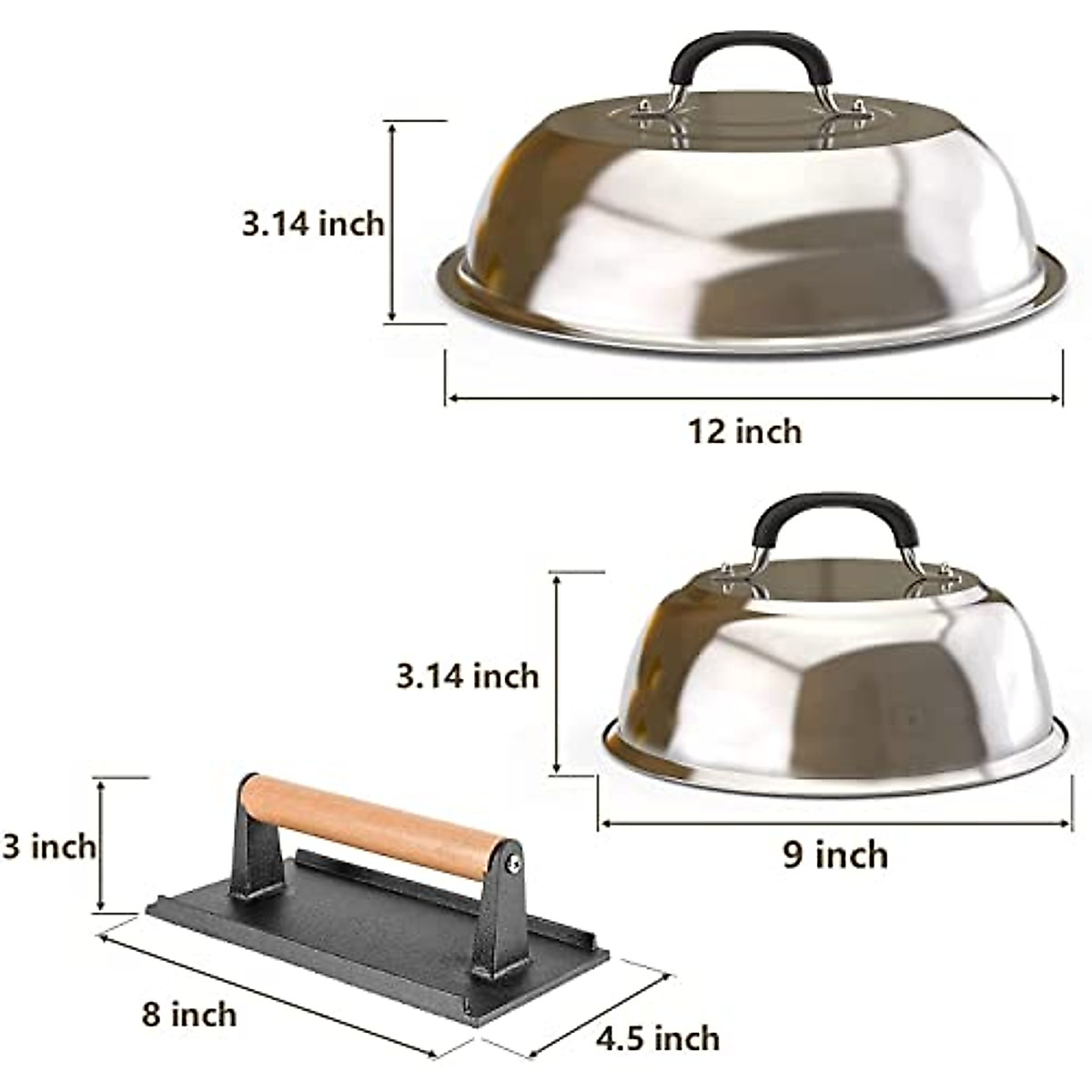 Cellay Griddle Accessories - 12 & 9 Inch Round Basting Cover Cheese Melting Dome Steaming Cover with 8 Inch Cast Iron Burger Bacon Press for Griddle Grill Cooking Indoor or Outdoor - 3 Pack