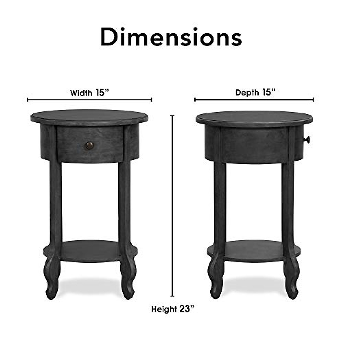 Finch James Round Wooden Accent Side Table with 1 Drawer, Traditional Living Room or Bedside Nightstand, Extra Storage for Small Space, 15" Width, Dark Gray