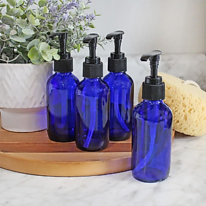 Cornucopia Brands 4-Ounce Cobalt Glass Pump Bottles (4 Pack), for Aromatherapy, Lotions, Soaps & More