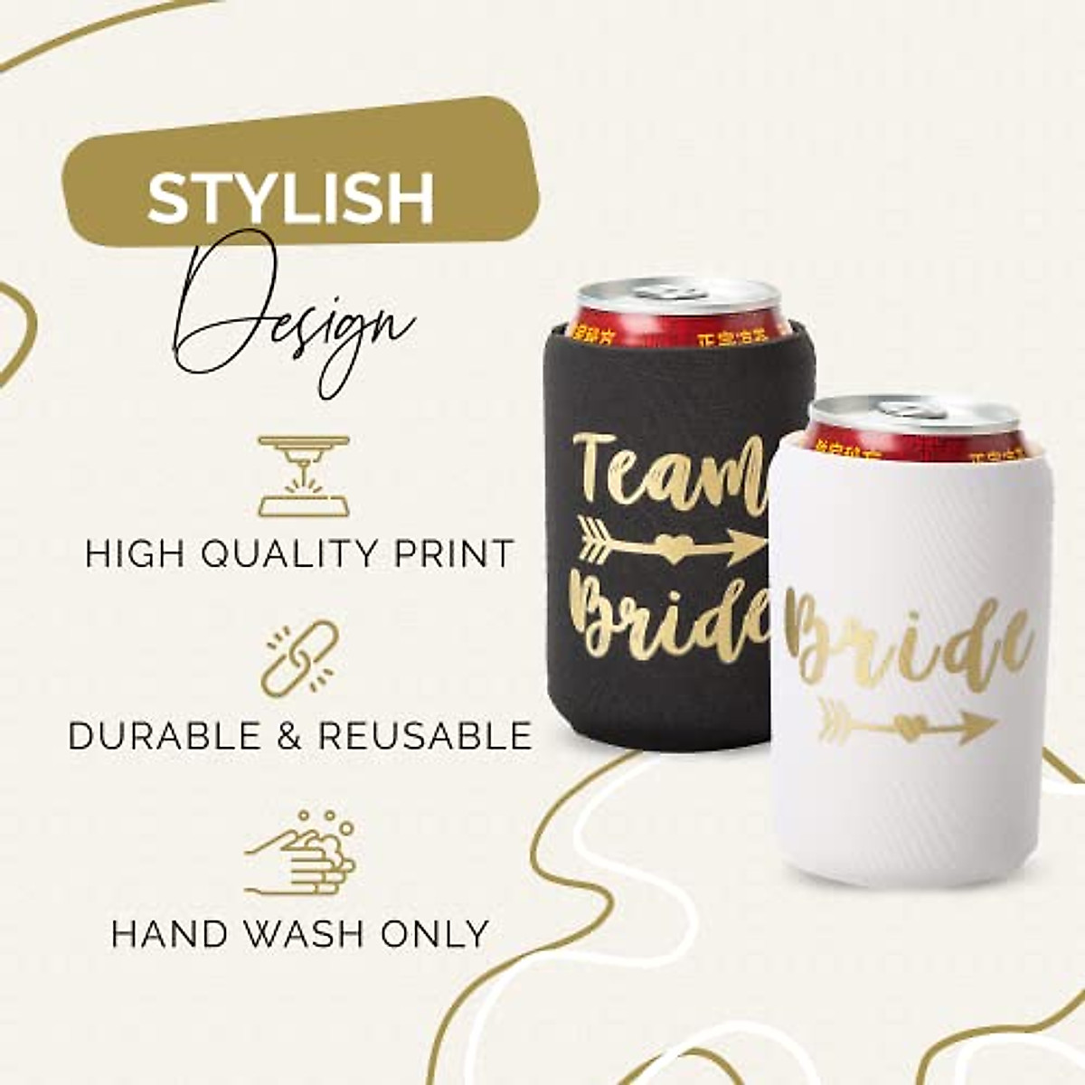 Bride & Team Bride Bachelorette Party Can Coolers, Set of 12 Double Sided White and Mint Green Beer Can Coolies, Perfect Bachelorette Party Decorations and as Brides Maid Gifts (Black)