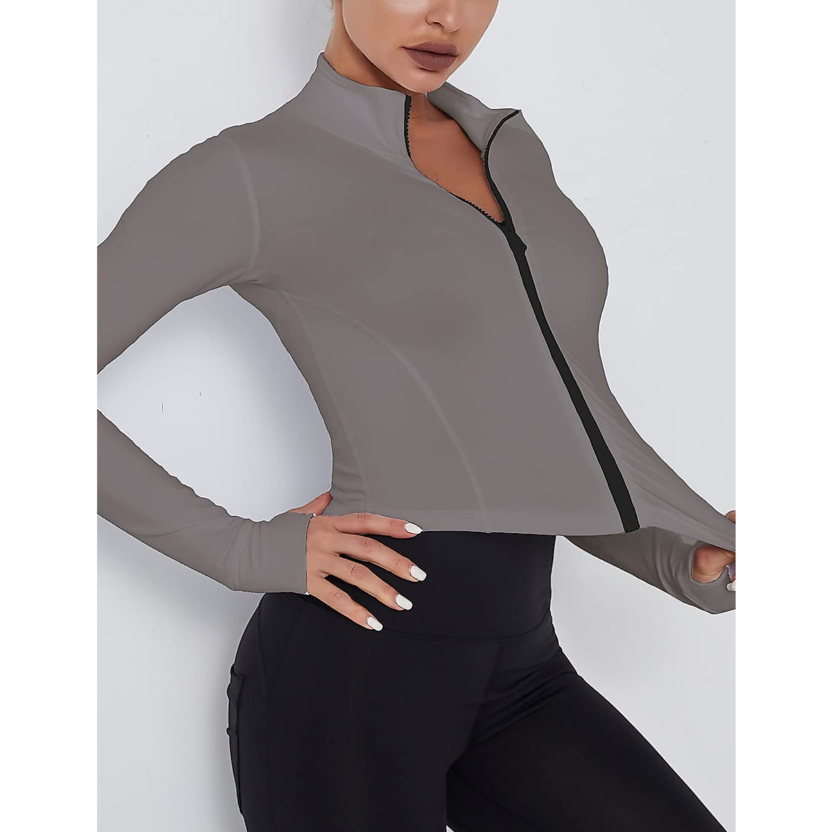 Fenclushy Womens Cropped Slim Athletic Yoga Workout Track Sports Zip Up Jacket with Thumb Holes(khaki,S)