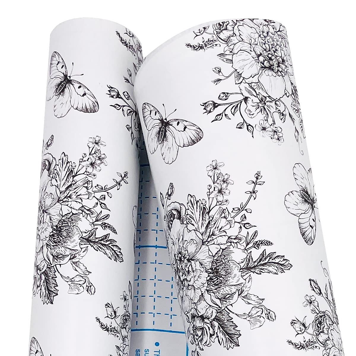 SimpleLife4U Easy Apply Shelf Liner Removable Furniture Paper Decorative Workspace Organizers Sofa Tables, Black-White Peony Butterfly, 17.7 Inch by 9.8 Feet