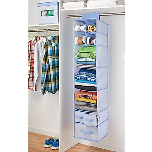 mDesign Soft Fabric Over Closet Rod Hanging Storage Organizer with 7 Shelves and 3 Removable Drawers for Child/Kids Room or Nursery - Herringbone Print - Blue