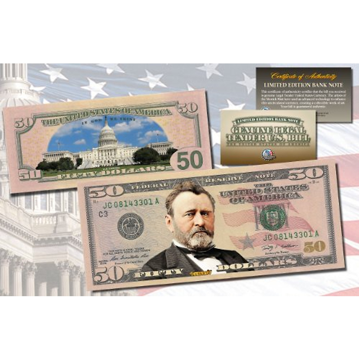 Merrick Mint Fifty Dollar $50 U.S. Bill Genuine Legal Tender Currency Colorized 2-Sided