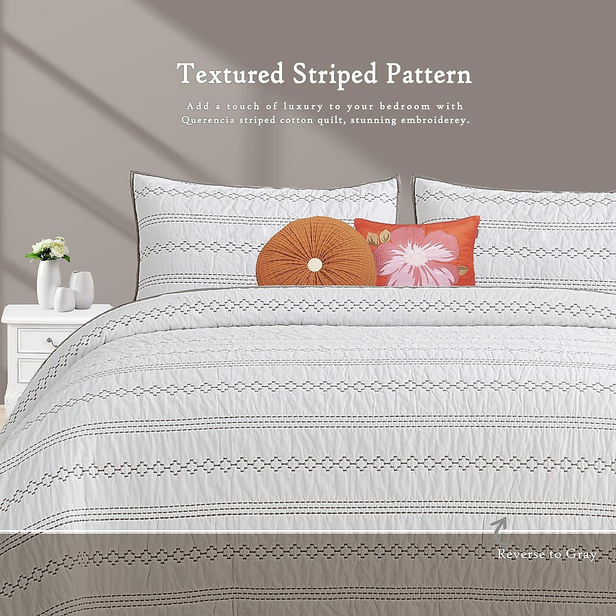 Querencia Cotton Quilt King Size - Embroidered Light Weight Quilt for Summer, Striped Quilt Cotton Coverlet, Quilted Comforter Set Gray Bedspread Farmhouse Bedding Cali, 3 Piece (Opal Grey & White)