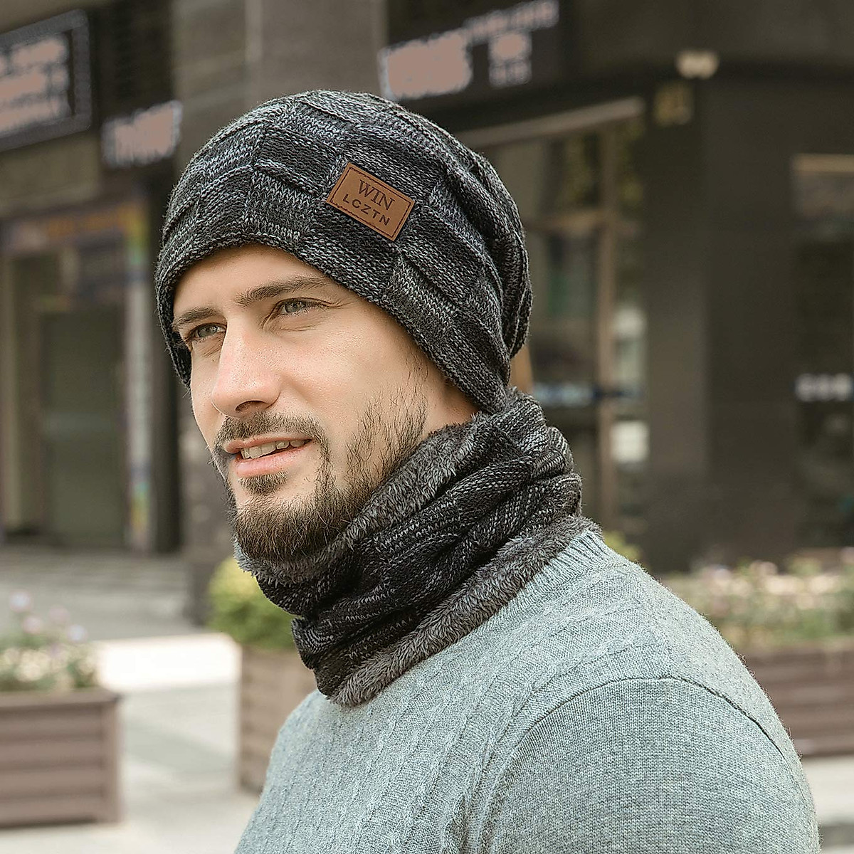 LCZTN Mens Winter Beanie Hat Scarf Set Warm Fleece Lined Knit Ski Hats Slouchy Skull Cap for Unisex Gift (Black)