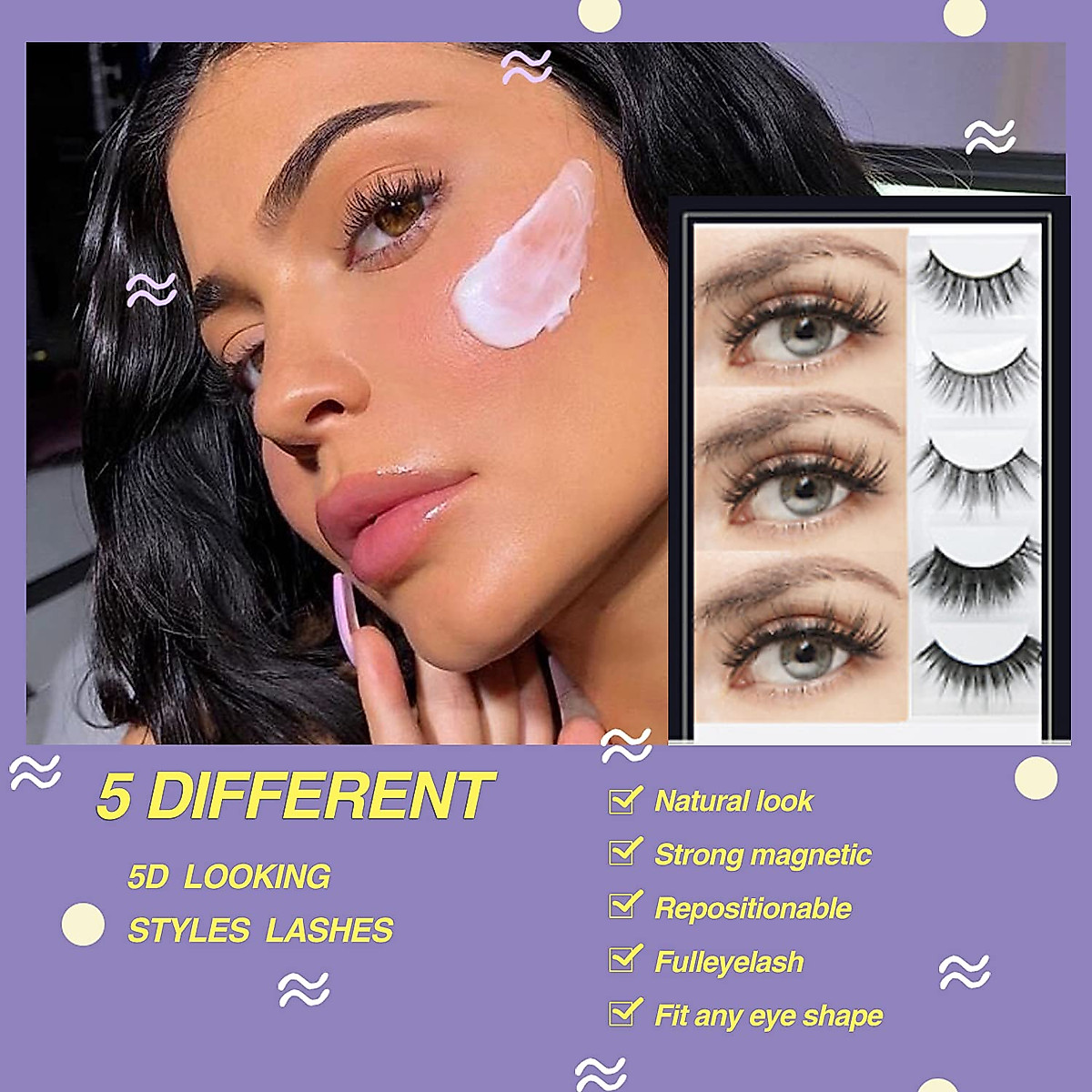 Ailun Magnetic Eyeliner and Eyelashes Kit Volume Fluffy Natural look False Eyelashes 5 Pairs Wispies Long Extension Eyelashes with Tweezers,Easy to Wear,Resuable and No Glue