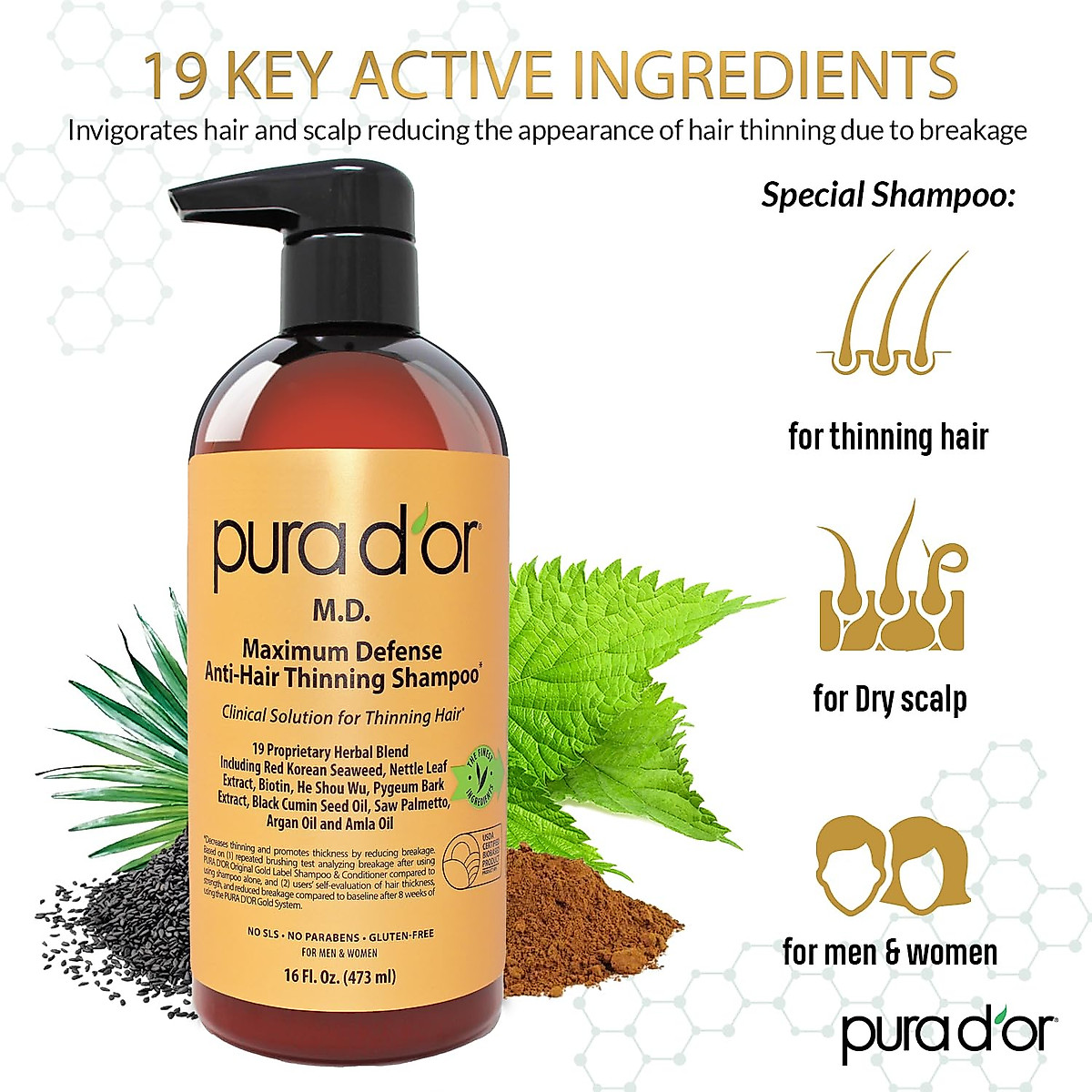 PURA D'OR 16 Oz MD Anti-Hair Thinning Maximum Defense Shampoo - 0.5% Coal Tar, Biotin, 19+ DHT Herbal Blend For Dry & Itchy Scalp, No Sulfates - For Men & Women