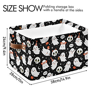 xigua Halloween Ghost Storage Basket Foldable Storage Bin, Canvas Rectangular Storage Basket with Leather Handles for Home Closet & Office Decoration