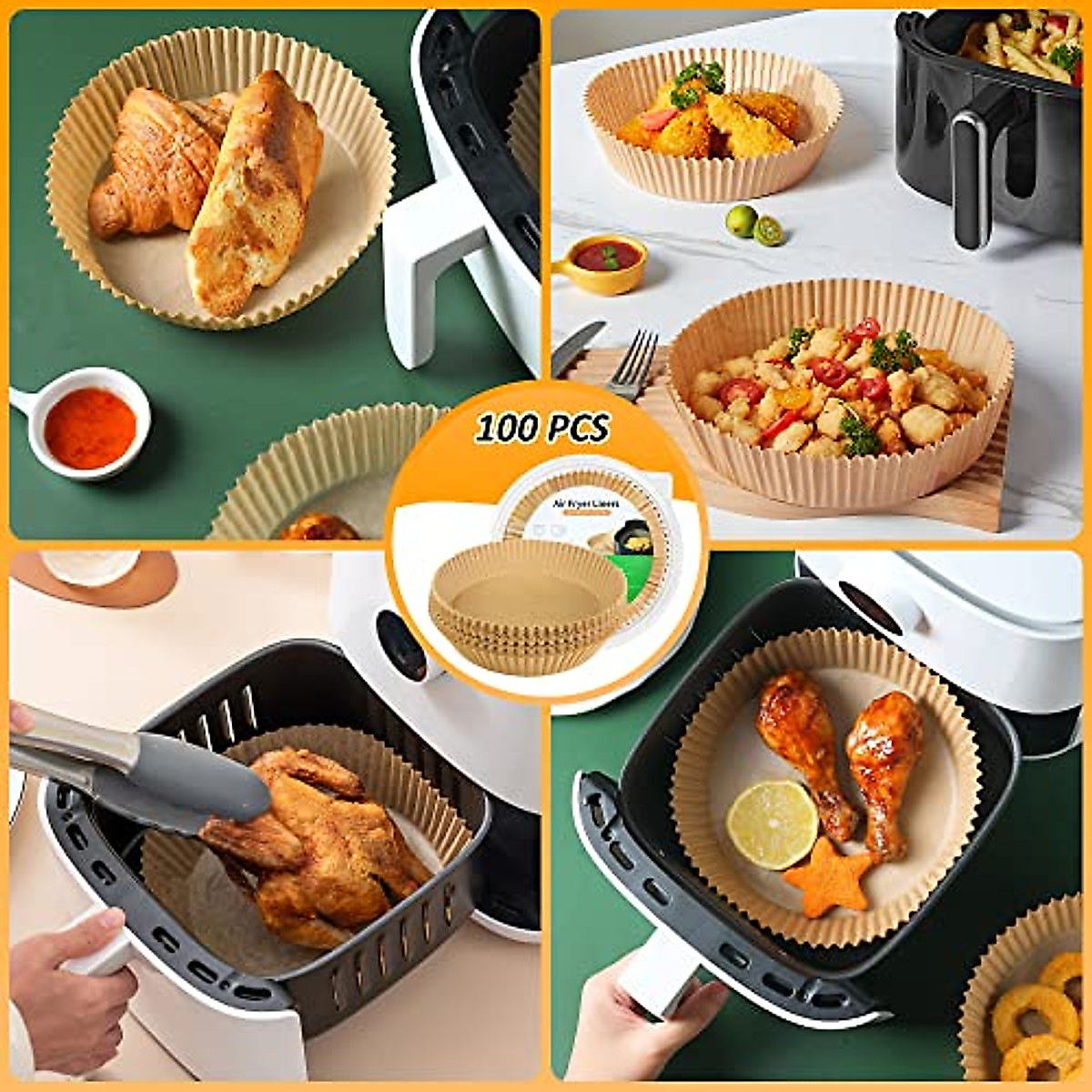 Air Fryer Liners 100PC, Disposable Air Fryer Paper Liners, Small Paper Liners for Air Fryer Basket, Non-stick, Water Oil-proof, Bowl-Shape Liner for Microwave, Non-Stick Air Fryer Liners Round 6.3Inch