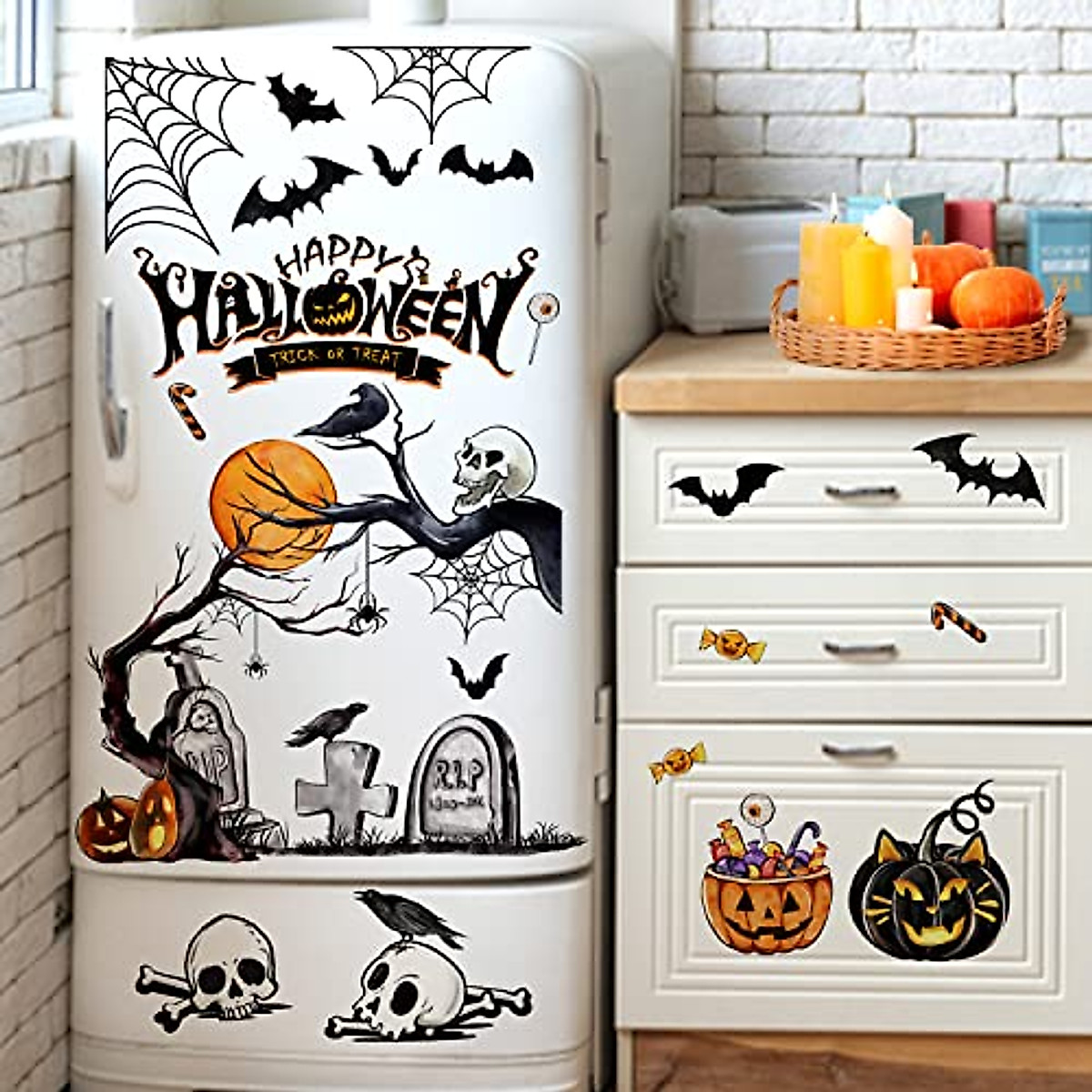 Mfault 65PCS Happy Halloween Window Clings 9 Sheets, Trick or Treat Skeleton Skull Spooky Pumpkins Stickers Decals Decorations, Boo Ghost Bat Holiday Party Supplies Living Room Home Kitchen Decor